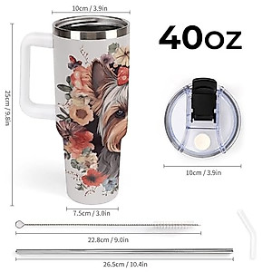 WYUSPGK 40oz Stainless Steel Car Mug, Yorkie Floral Print Travel Mug, Double-Wall Insulated with Straw, Perfect for Car, Office, Outdoor