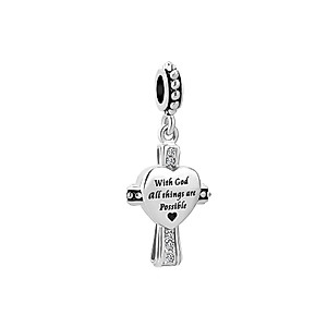 MiiFort Cross Love Heart Charm Compatible with Pandora Bracelets Necklaces Pendant With God all Things are Possible Jesus Bible Verses