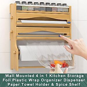Foil Plastic Wrap Organizer Dispenser - Wall Mounted Paper Towel Holder & Spice Shelf, 4 in 1 Bamboo Kitchen 12" Roll Dispenser with Cutter