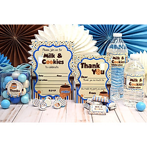 Milk and Cookies Boy Birthday Party Bundle Includes 20 each of Invitations & Thank You Cards with Envelopes + 2 Different Sizes of Stickers, Mini Candy Bar Wrappers, & Water Bottle Labels!