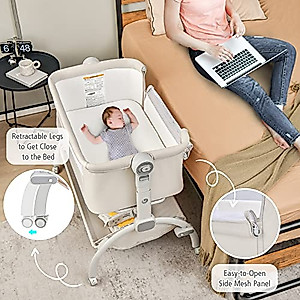 HONEY JOY Portable Baby Bassinet, 3-in-1 Bedside Sleeper Cradle w/Soft Mattress & Storage Basket, Newborn Infant Travel Crib w/ 7-Level Adjustable Height, 4 Lockable Wheels & Carry Bag (Beige)