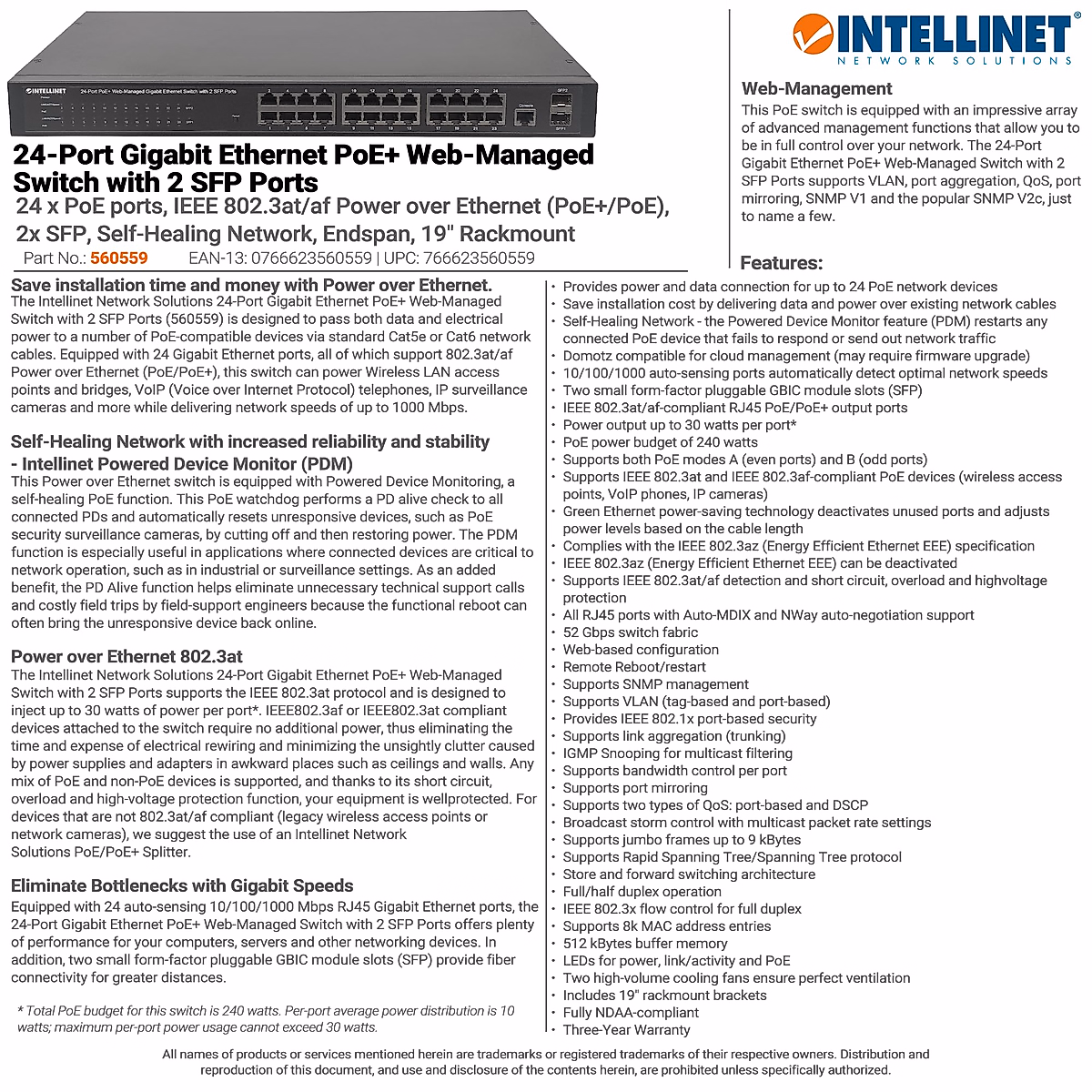 Intellinet 24 Port PoE Web Managed Gigabit Ethernet Switch with 2 SFP Ports - 240W Power Budget, Self Healing Network, SNMP Management, Endspan, 19" Rackmount - 3 Yr Mfg Warranty - 560559