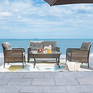 Patio Furniture Set Outdoor Furniture - 4 Pieces Wicker Patio Conversation Sets with Loveseat, Rattan Seating Outside Patio Set Coffee Table Chair for Lawn, Deck, Balcony, Backyard. (Light Grey)