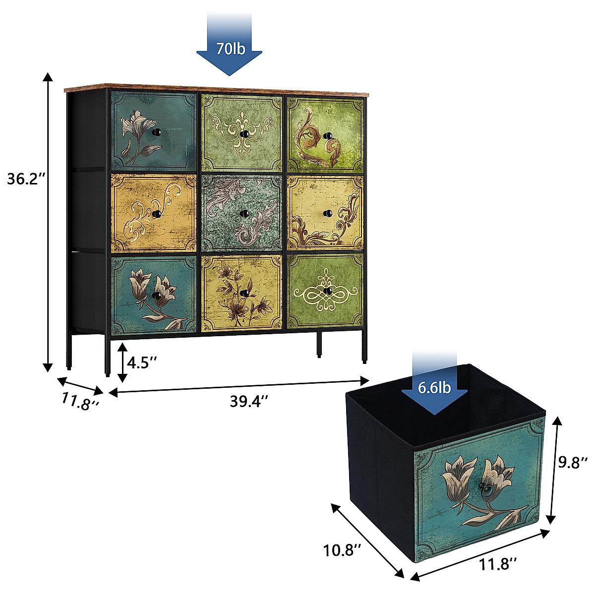 DOVAMY Drawer Dresser with 9 Fabric Drawers, Dresser Storage Organizer for Bedroom,Closet,Nursery,Living Room,Wide Storage Tower Unit with Steel Frame,Chest of Drawer, Wooden Top, Rustic Pattern