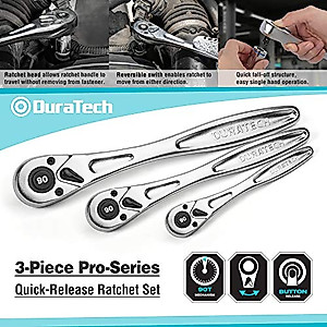 DURATECH 3-Piece Heavy Duty Ratchet Set, 1/4”, 3/8”, 1/2” Drive Ratchet Handle, Professional Ratchet Set, 90-Tooth, Quick-release Reversible, Premium Chrome Alloy Made, with EVA Organizer