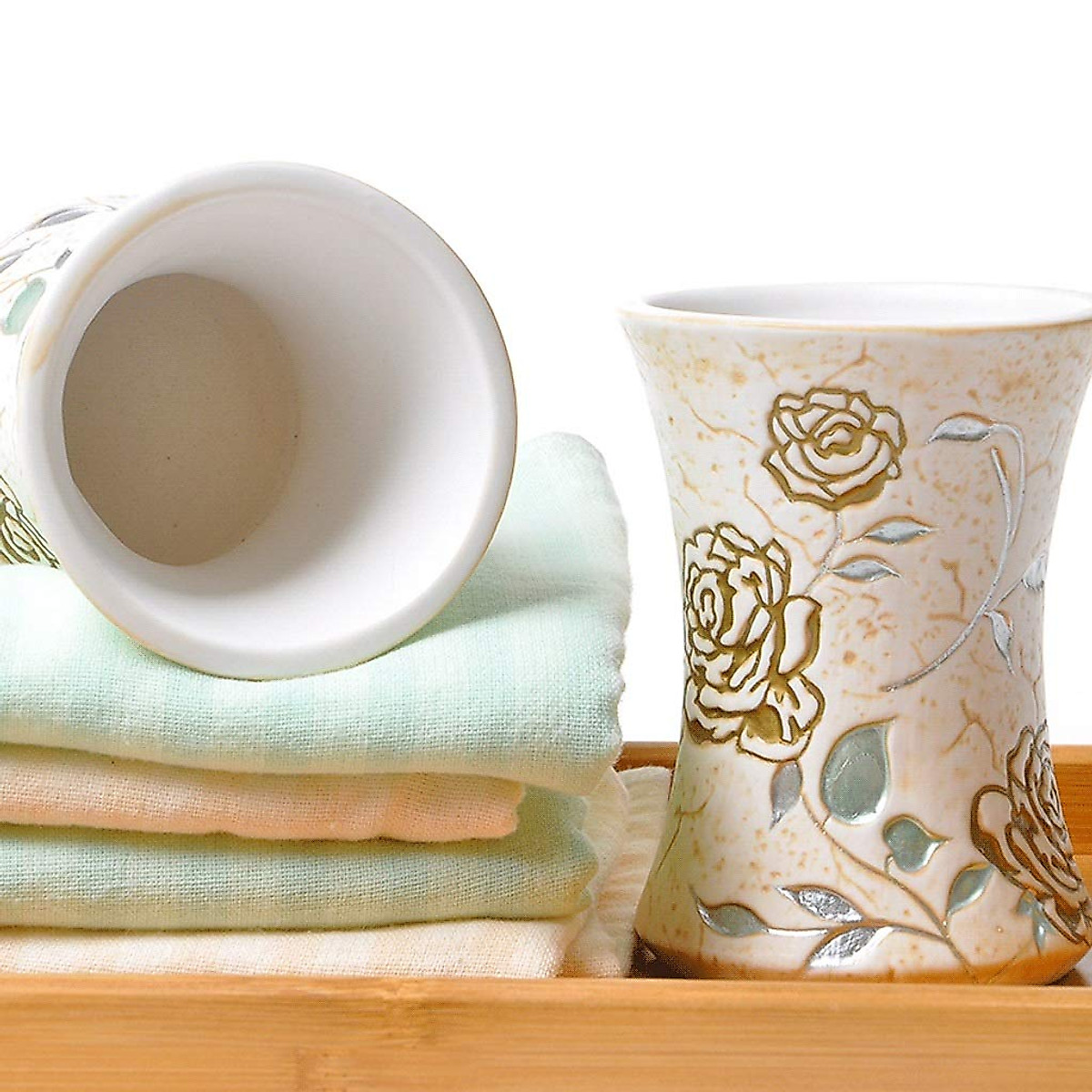 JHGCCL Countertop Soap Dispensers Golden Rose Flower Bathroom Accessory Set 5/6-piece Bathroom Set Soap Dispenser,Toothbrush Holder,Tumbler,Soap Dish,Bamboo Tray Soap dispensers (5piece Bathroom Set)