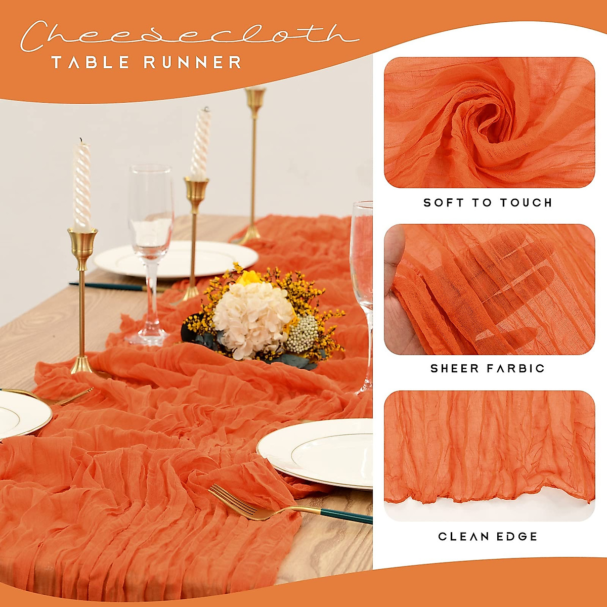 12 Pack Cheesecloth Table Runner 35 x 120 inch Long Boho Cheese Cloth Gauze Table Runners Semi Sheer Table Runner for Wedding Decor, Bridal Shower, Birthday Party (Orange)