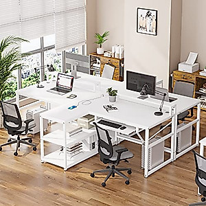 SEDETA 94.5" White Computer Desk, Two Person Gaming Desk with LED Light, Keyboard Tray, Power Strip with USB, Monitor Shelf & Storage, Extra Long Double Desk for Home Office, White.