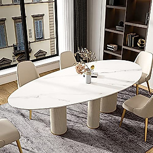 BAYCHEER Luxury Oval Dining Table Slate Stone Top Table with 3 Metal Base Kitchen Table - White 78.7" L x 39.4" W x 29.5" H (Table Only)