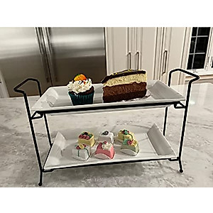 ONEMORE 2-Tier Serving Tray, Collapsible Food Display Stand with Microwave Freezer and Oven Safe Rectangular Ceramic Platters Perfect for Indoor/Outdoor Celebrations and Parties - Bright White