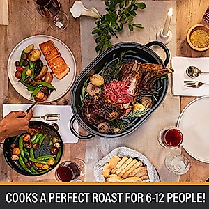 Granite Stone Oval Roaster Pan, Medium 18.8” Ultra Nonstick Roasting Pan with Lid, Grooved Bottom for Basting, Broiler Pan for Oven, Dishwasher Safe, Up to 15lb Turkey / Roast, Serves 6 – 12 Guests