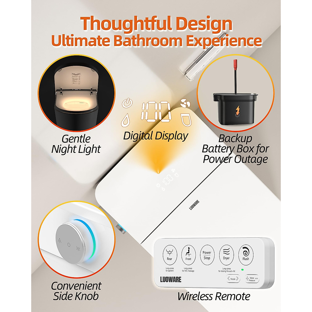 Luoware Smart Toilet with Bidet Built in, Luxury One Piece Elongated Bidet Toilet with Auto Close & Flush, Foot Sensor to Open/Close/Flush, Heated Seat, Massage Wash, Night Light, Remote Control