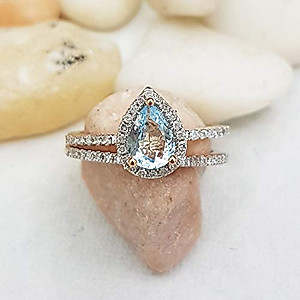 Dazzlingrock Collection 7X5 MM Pear Aquamarine & Round Diamond Ladies Teardrop Wedding Ring Set in 10K Rose Gold, Size 6