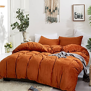 CLOTHKNOW Burnt Orange Duvet Cover Set Queen Rust Velvet Bedding Sets Full Terracotta Bedding Flannel Bedding Duvet Cover Women Men Bedding Orange Bedding 3Pcs Comforter Cover Sets Queen