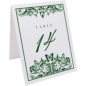 Butterfly Flourish Wedding Table Numbers (Select Color/Quantity), White, Hunter Green, 1-15, Double Sided, Tent or Use in a Stand, Great for Parties & Restaurants