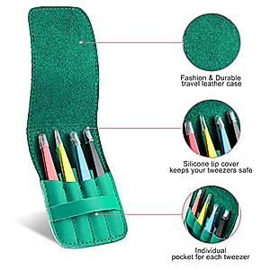 Tweezers Set, 4Pcs Tweezers for Women with Travel Leather Case, Professional Stainless Steel Eyebrows Tweezers, Great Precision Tweezers for Ingrown Hair, Facial Hair, Splinter Removal (Multi-Color)