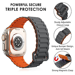 WINGLE Magnetic Band for Apple Watch Ultra 2 Band 49mm 46mm 45mm 44mm 42mm Series 10 9 8 7 Men, Strong Magnetic Bracelet Silicone Sport Strap for iWatch Ultra SE 6 5 4 3 2 1 Women, Grey/Orange