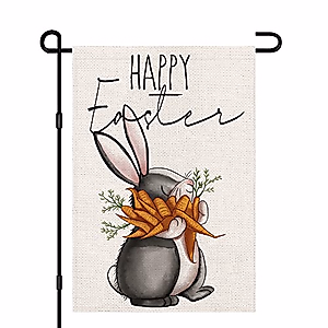 Happy Easter Bunny Garden Flag 12x18 Inch Burlap Double Sided Outside, Easter Carrot Sign Yard Outdoor Decoration DF216