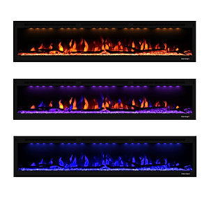 Masarflame Luxurious 74" Electric Fireplace, Wall Mounted&in Wall Recessed Fireplace Heater, Adjustable Flame Color & Top Light, Remote&Touch Control with Timer&Thermostat, Log & Crystal Set