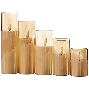 Eywamage Slim Gold Glass Flameless Candles Batteries Included, Flickering LED Pillar Candles with Remote Christmas Wedding Home Decor, D 2" H 3" 4" 5" 6" 7"