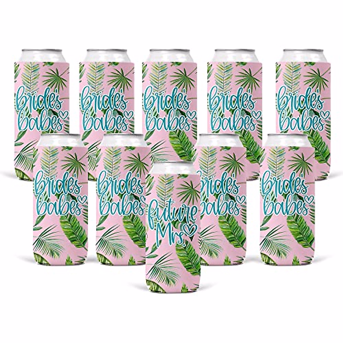 Bride and Brides Babes Hugger Set of 10, Can Cooler Sleeves- Bridal Shower Cooler Sleeves for Bridesmaids and Bride To Be Hugger, Skinny Bachelorette Coozies, 12oz, Slim Can Hugger Bachelorette