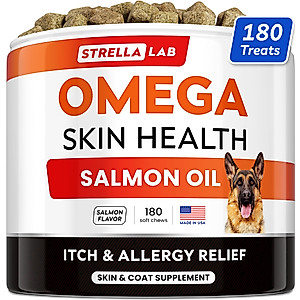 StrellaLab Omega 3 for Dogs - (180Ct) Fish Oil Treats - Allergy & Itch Relief Skin&Coat Supplement - Dry Itchy Skin, Shedding, Hot Spots Treatment, Anti Itch - Pet Salmon Oil Chews - Salmon Flavor