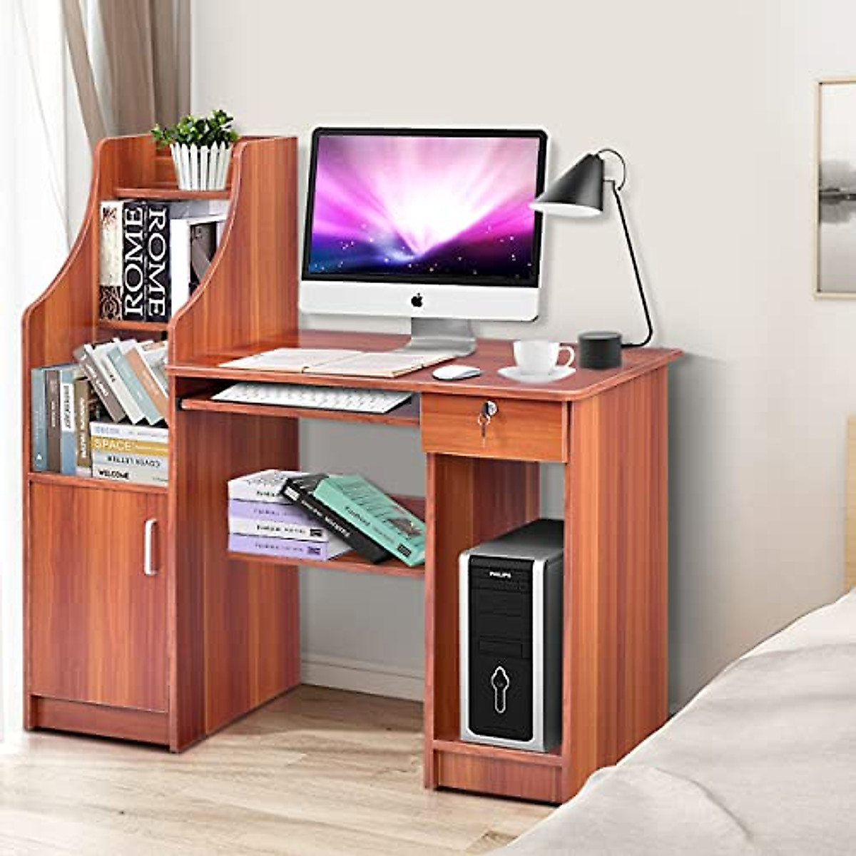 IFANNY Computer Desk with Storage, Wooden Writing Desk with Drawer, Cabinet, Bookshelf, Modern Work Table w/Keyboard Tray and CPU Stand, Corner Office Desk for Small Spaces