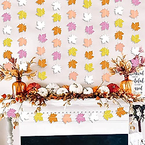 Fall Maple Leaf Hanging Garland, Glitter Orange Pink Autumn Maple Leaves Hanging Garland for Fall Girls Birthday Baby Shower Wedding Fall Party Supplies Thanksgiving Party Decoration