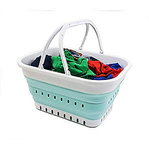 SAMMART 9.2L & 19L Collapsible Tub with Handle - Portable Outdoor Picnic Basket/Crater - Foldable Shopping Bag - 2 pieces (Grey & Lake Green)