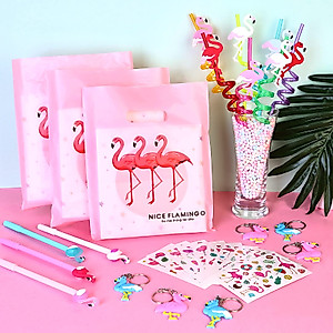 JOYMEMO 50 Pcs Flamingo Party Favors Set, Flamingo Gift Bags, Key Chains, Drinking Straws, Temporary Tattoos and Pens, Hawaii Tropical Summer Birthday Party Supplies for Kids Teens