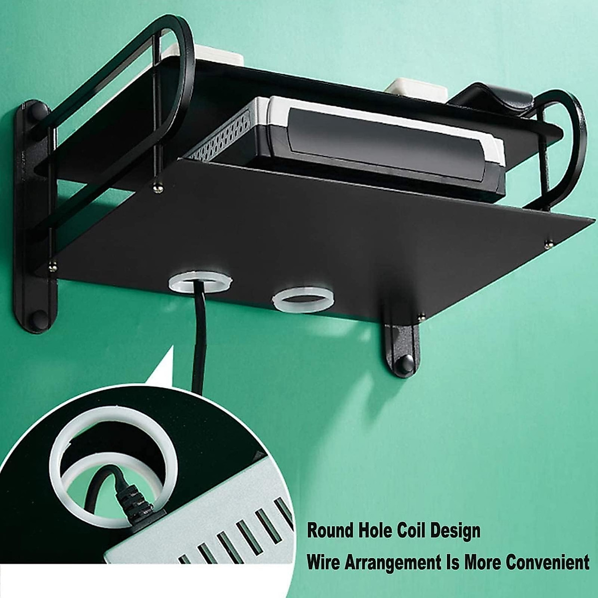 Floating Shelf for TV Set Top Box Router Game Consoles, Double Layer TV Box Shelves Wall Mounted Router DVD Cable Box Shelf Punching Storage Rack, Floating Wall Shelf with Cable Holes