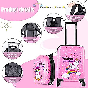 Weewooday Kids Luggage and Backpack 18" Suitcase with Spinner Wheel Hard Case Travel 13" Backpack Girl Suitcase Set for Kids Travel Supplies(Pink,Unicorn Style)