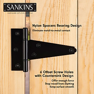 SANKINS 4 Inch T-Strap Shed Door Hinges Heavy Duty, Black Tee Gate Hinges for Wooden Fences, Yard Door, Barn Door Gates, Wrought Hardware Rustproof, 2Pack
