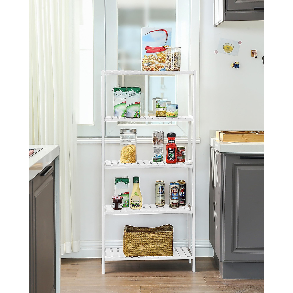 SONGMICS Bamboo Storage Shelf, 5-Tier Shelving Unit, Multifunctional, in The Entryway, Bathroom, Living Room, Balcony, Kitchen, 10.2 x 23.6 x 51.2 Inches, White UBCB35WT