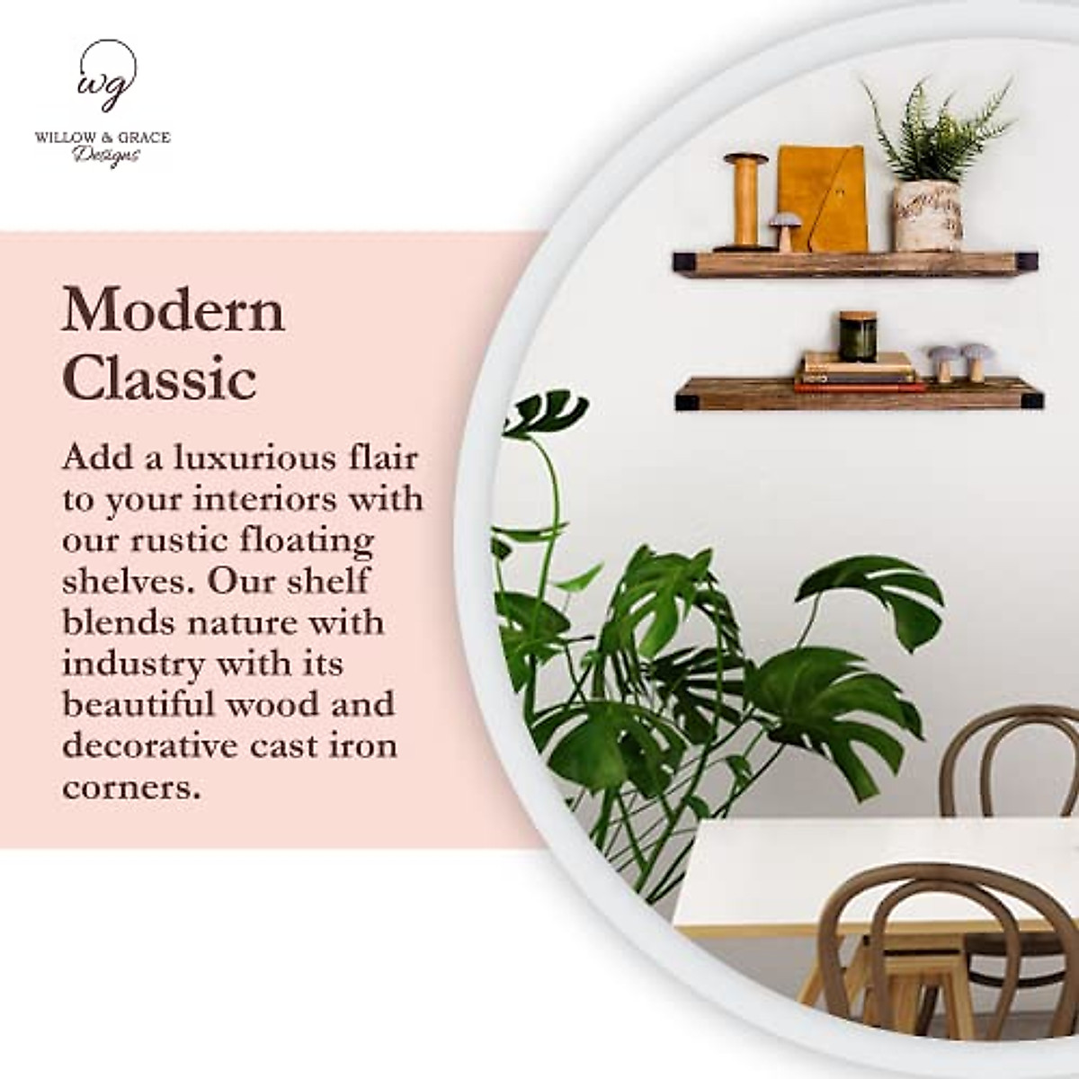 Willow & Grace Wall Mounted Wooden Floating Shelves, Wall Shelves for Bedroom, Bathroom, Living & Laundry Room, Kitchen, Storage & Decor - Rustic Farmhouse Small Wood Shelf - Walnut (24" Set of 2)