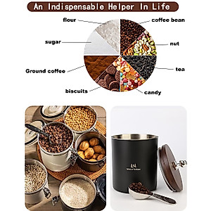 Walktosun Coffee Canisters Airtight Food Storage Container with Wooden Lid Seal Coffee Canisters Stainless Steel Jar with Scoop for Tea, Brown Sugar, Flour (1400ML,Black With Spoon)