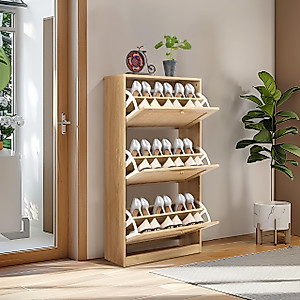 Finnhomy 3 Tier Shoe Cabinet with Natural Rattan Flip Drawers for Entryway, Free Standing Slim Shoe Storage Organizer with Large Top Board, Shoe Cabinet with Adjustable Width Drawers, Natural