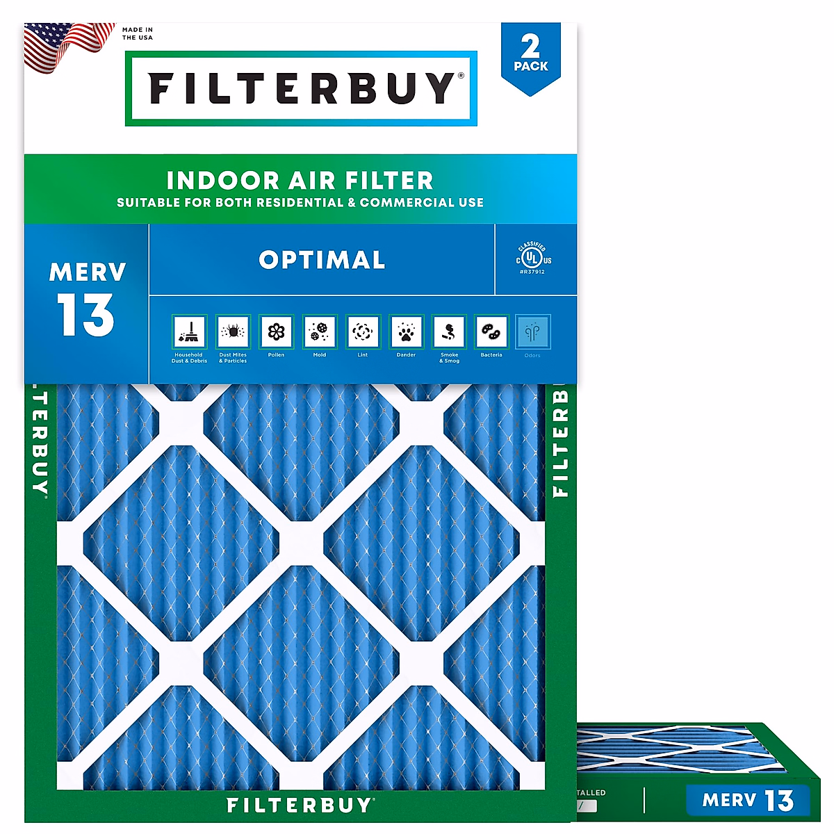 Filterbuy 20x25x1 Air Filter MERV 13 Optimal Defense (2-Pack), Pleated HVAC AC Furnace Air Filters Replacement (Actual Size: 19.50 x 24.50 x 0.75 Inches)
