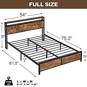 RIDFY Bed Frame with LED Lights and 2 USB Ports, Industrial Platform Bed Frame with 2-Tier Storage Headboard, Heavy Duty Camas/Noise Free/No Box Spring Needed/Brown (Full)