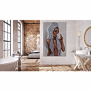 African American Black Woman Silver Glitter Textured Canvas Print Poster,Sparkly Women's Wall Decor Fashion Female Painting Canvas Prints Living Room Bedroom Bathroom Home Decor,16x24 inch,Unframed.