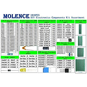 Molence DIY Electronics Components Kit Assortment, Resistors 1818PCS, LED, Triode, Capacitors, Diodes, PCB, Potentiometer, Variable Resistance, Stabilivolt for Arduino UNO MEGA2560 Raspberry Pi MCU