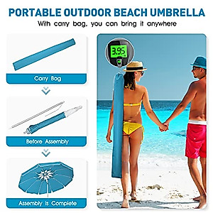 Portable Beach Umbrella for Sand: 7FT Arc Length 6.5FT Diameter Outdoor Umbrella with Anchor Heavy Duty and Adjustable Tilt Pole - UV 50+ Windproof Beach Umbrella with Carry Bag for Beach, Patio, Garden