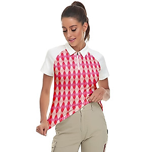 Women's Plaid Golf Polo Shirts Short Sleeve Moisture Wicking Golf Apparel Lady Argyle Golf Tops (Pink Argyle, Large)