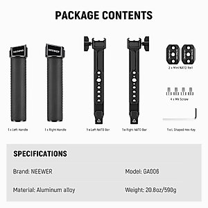NEEWER Dual Handgrip Compatible with DJI RS4 RS4 Pro RS3 RS3 Pro RS2 RSC2 Ronin S SC Gimbal, Dual Handle Kit with 2 Mini NATO Rails, Quick Release NATO Clamps, 1/4" & 3/8" Threads, GA006