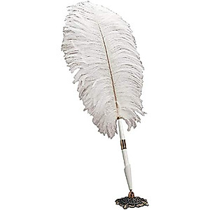Darice White Feather Pen with Decorative Base Holder – Black Ink Ballpoint Quill Pen with Gold Metal Antique Base – Add an Elegant Touch to Weddings, Special Events and More