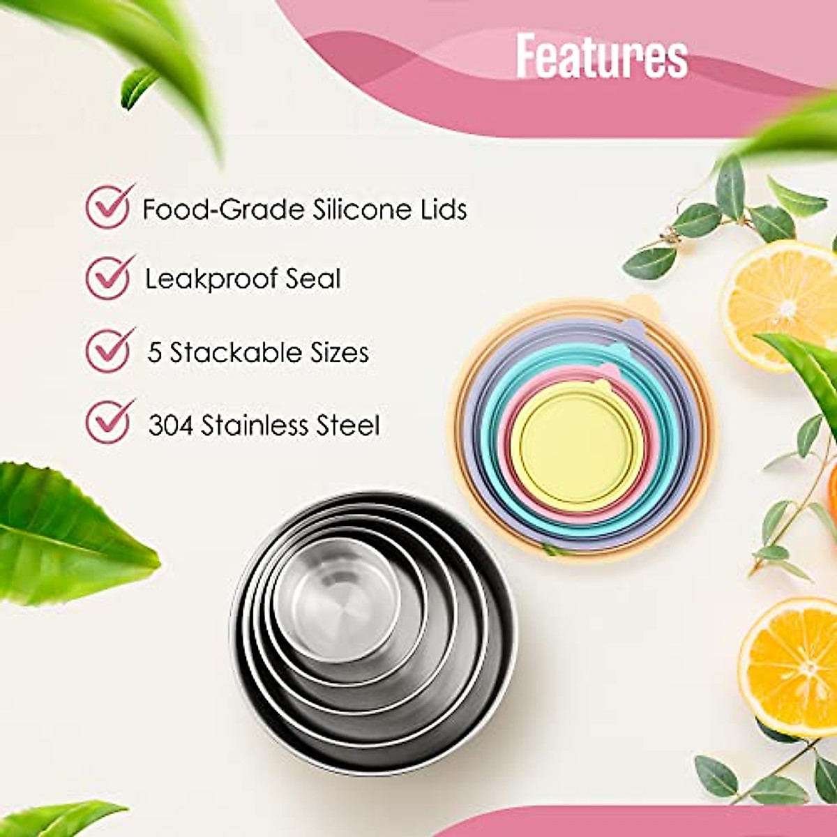 Stainless Steel Containers with Lids, Metal Food Storage Container, Snack Bowls, 5 Pack, Silicone Lid, Nesting, Stackable, Round, Lunch Meal Prep, Salad Bowl, Bento Box for Kids, Toddlers, Houseables