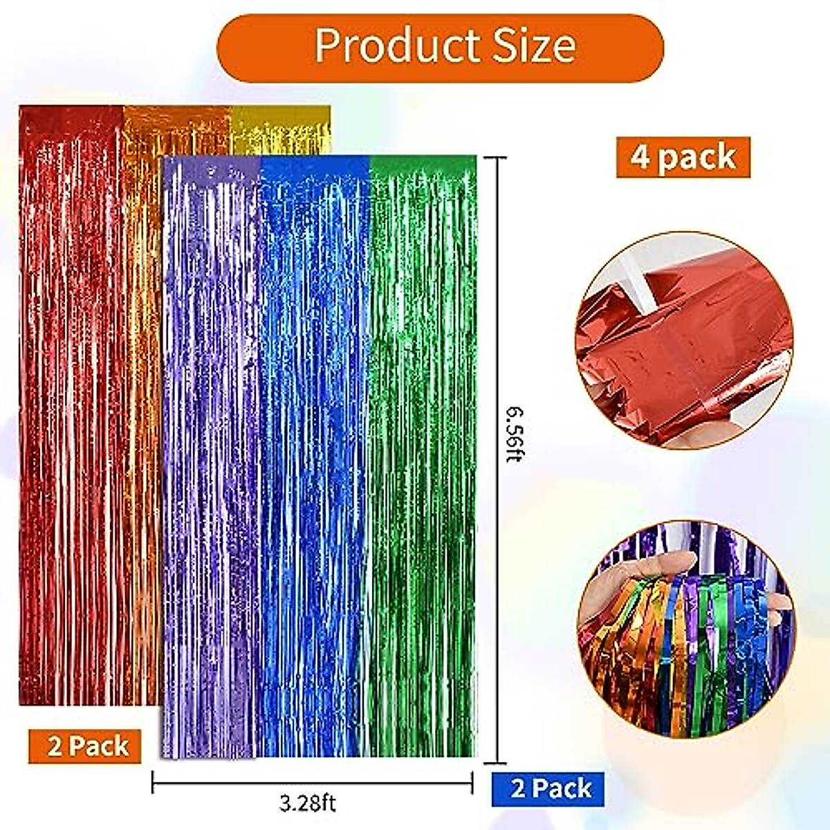 BEISHIDA 4 Pack Rainbow Streamers Fringe Foil Curtain Backdrop Curtain, Tinsel Curtain Wall Door Party Streamers for Birthday Party Decoration(3.28 ft x 6.56 ft)