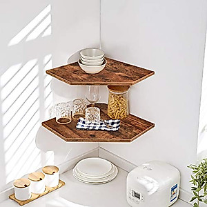 BCOZLUX Corner Shelf Wall Mount, Set of 2 Floating Corner Shelves, Wood Corner Hanging Shelf with Cable Hole for TV, Speaker WiFi Router, for Bathroom Bedroom Kitchen, Rustic Brown and Black