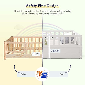 Tatub Twin Floor Bed with Elevated Safety Guardrails and Door, Montessori Floor Bed for Kids, Wood Kids Floor Beds Frame, Twin-White