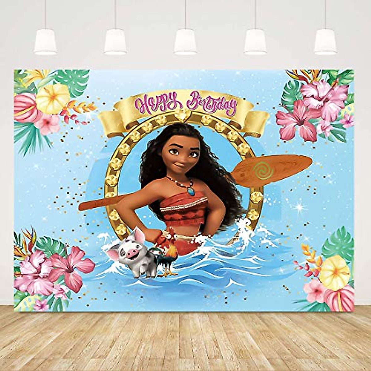 Summer Beach Baby Moana Theme Backdrops Pink Flowers Blue Water Girls 1St Birthday Party Photography Background Baby Shower Moana Cake Table Decoration Banner Photo Studio Props 5x3ft